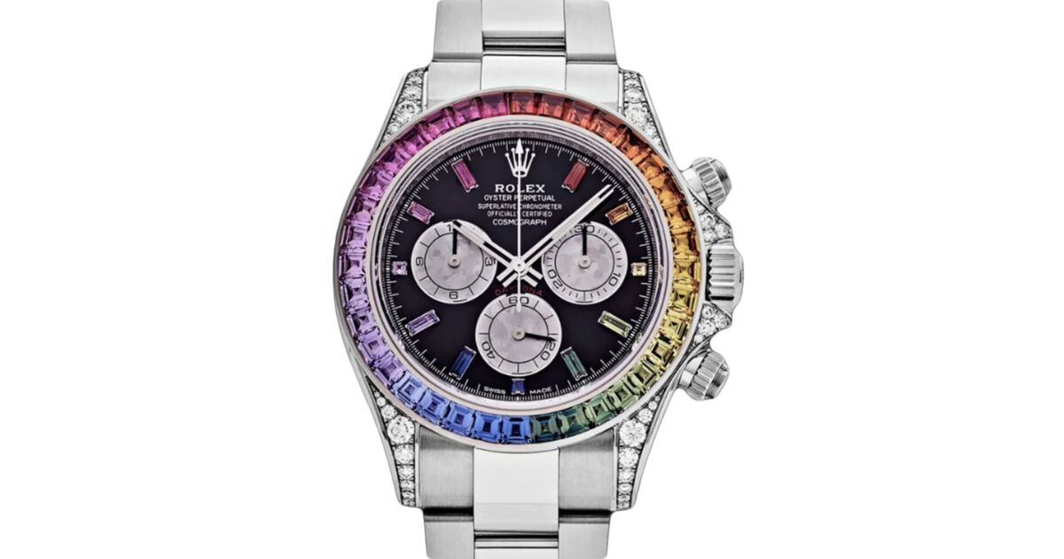 Rolex Daytona White Gold Black Dial Rainbow Bezel Oyster Bracelet ...